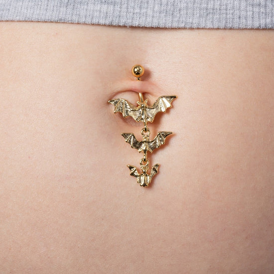 Gothic Triple Vampire Bat Dangling Belly Button Ring - Stainless Steel ...