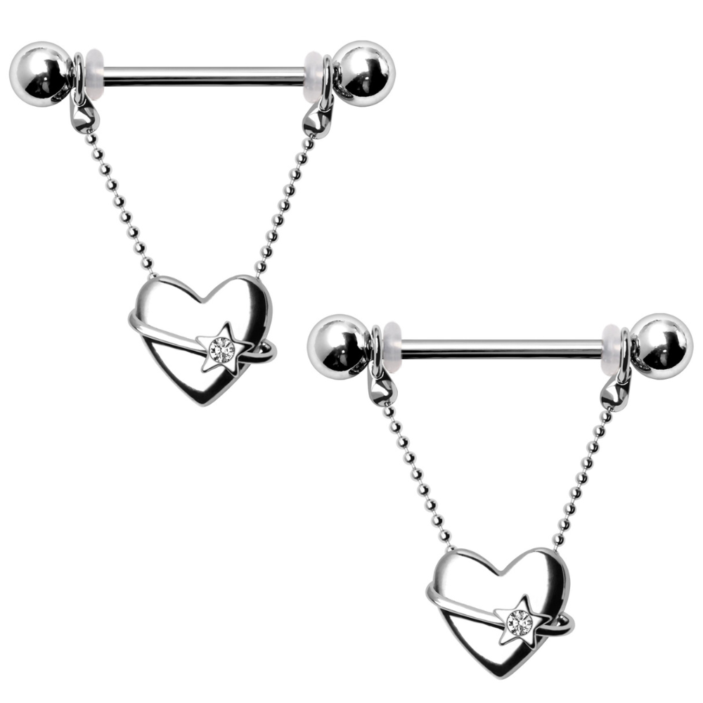 Dangling Heart Chain Nipple Barbells - Pair - 316L Stainless Steel ...