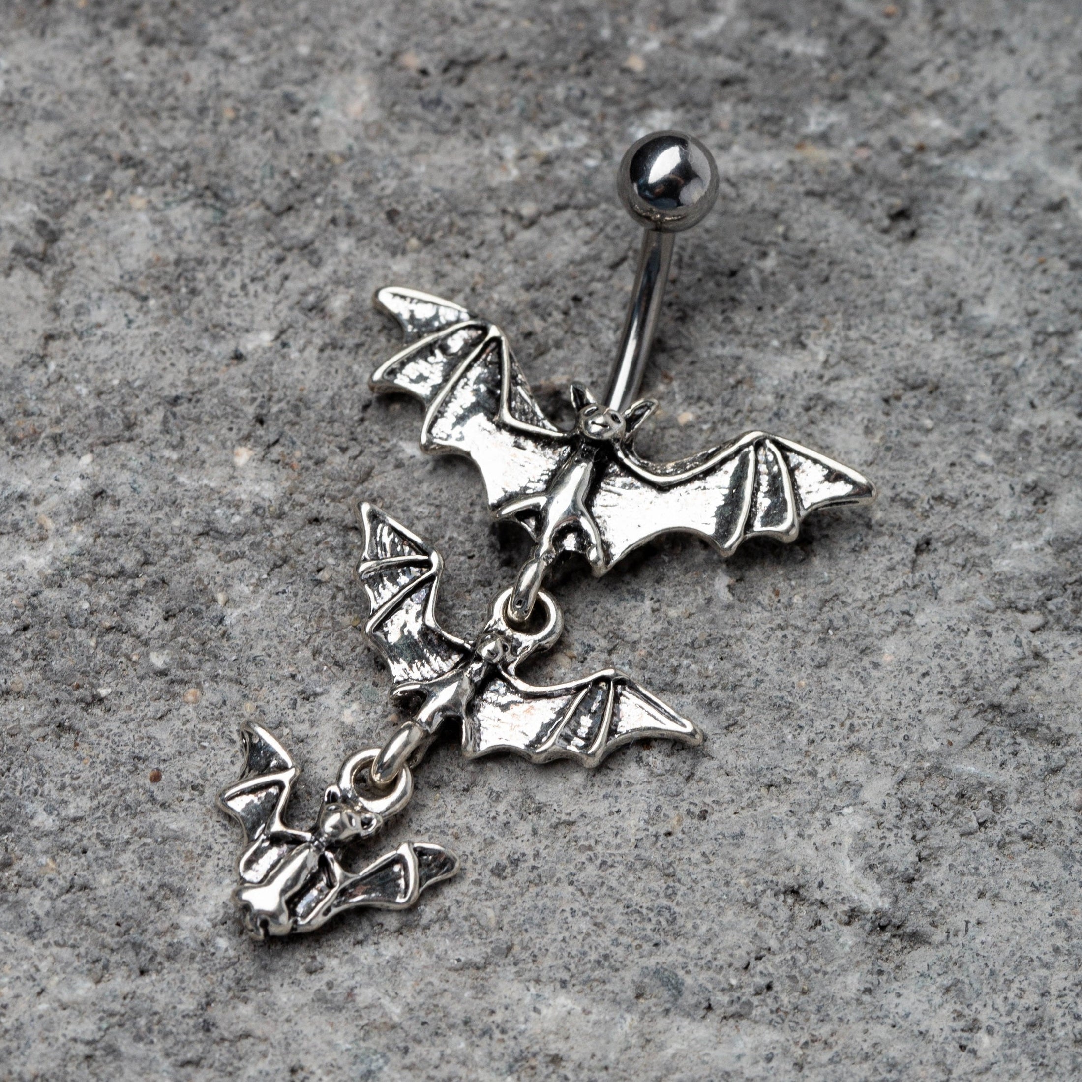 Gothic Triple Vampire Bat Dangling Belly Button Ring - Stainless Steel ...