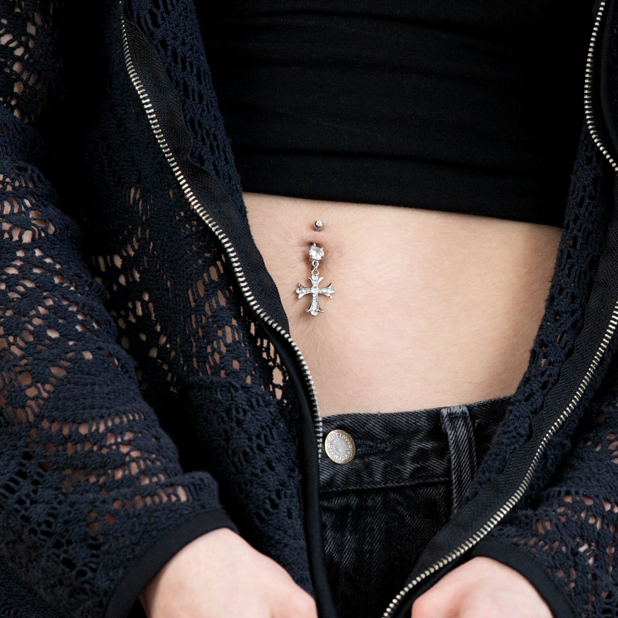 Celtic Cross with Paved Gems Dangling Belly Button Ring - 316L Surgica ...
